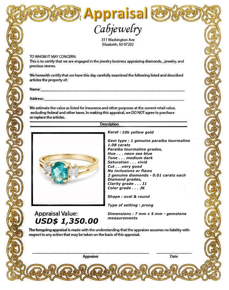 GENUINE 1.08 Ct PARAIBA TOURMALINE & DIAMOND RING 10K SOLID GOLD -Free ...