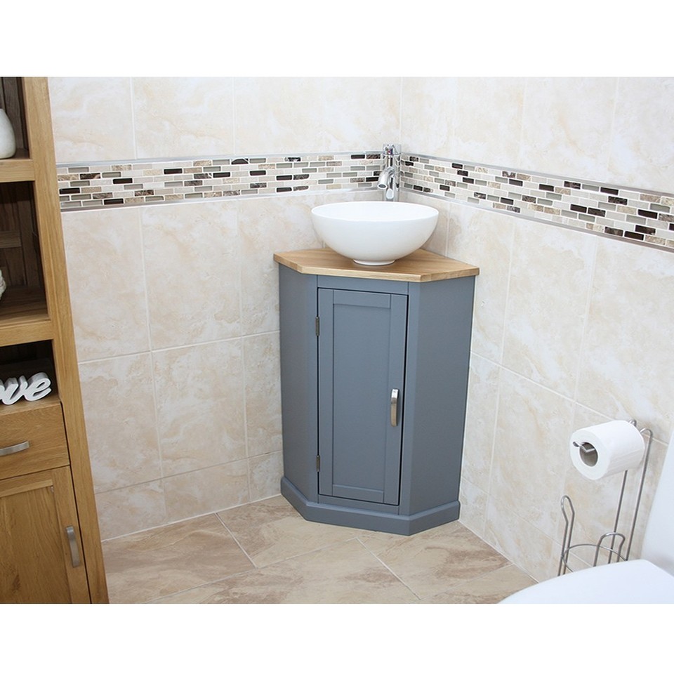 Bathroom sink unit vanity cabinet grey corner unit with basin tap and ...