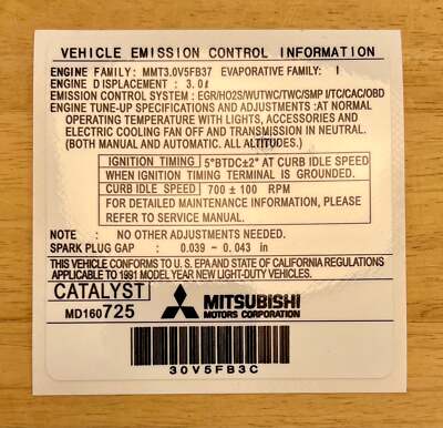 Vehicle Emission Control Information Decal (1991) | eBay