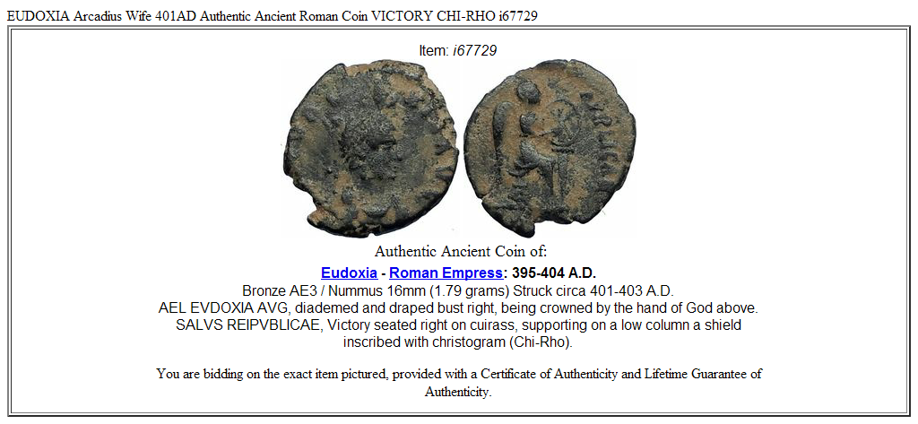 EUDOXIA Arcadius Wife 401AD Authentic Ancient Roman Coin VICTORY CHI ...