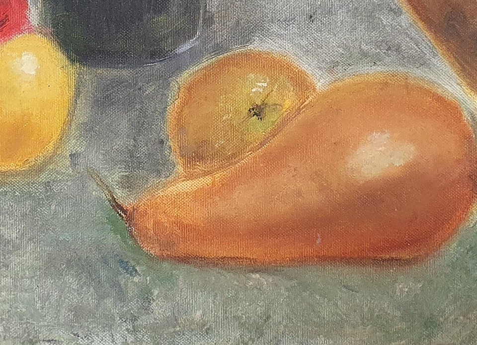 Vintage post impressionist still life with fruits and bottle oil ...