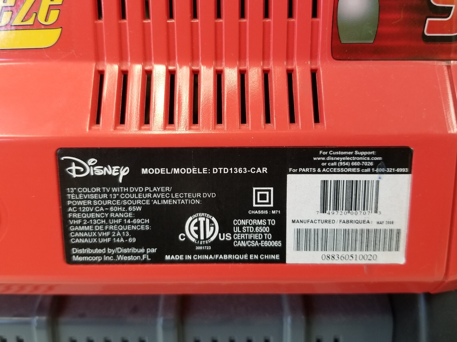 Disney Pixar Cars Lightning Mcqueen 13" CRT TV DVD Combo Television for ...