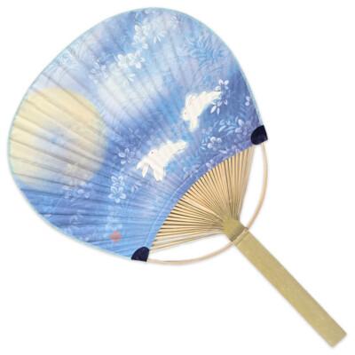 Japanese Uchiwa Flat Fan Hand Held Bamboo Handle Moon Usagi Rabbit Made ...