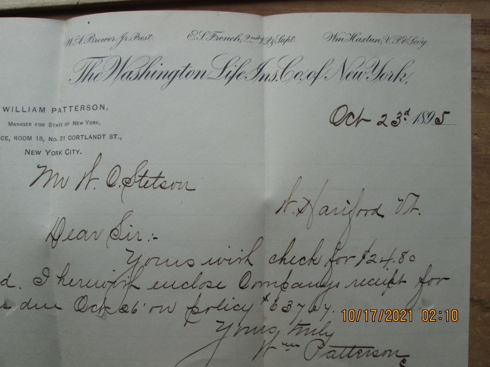 the washington insurance company letterhead 1895 | eBay