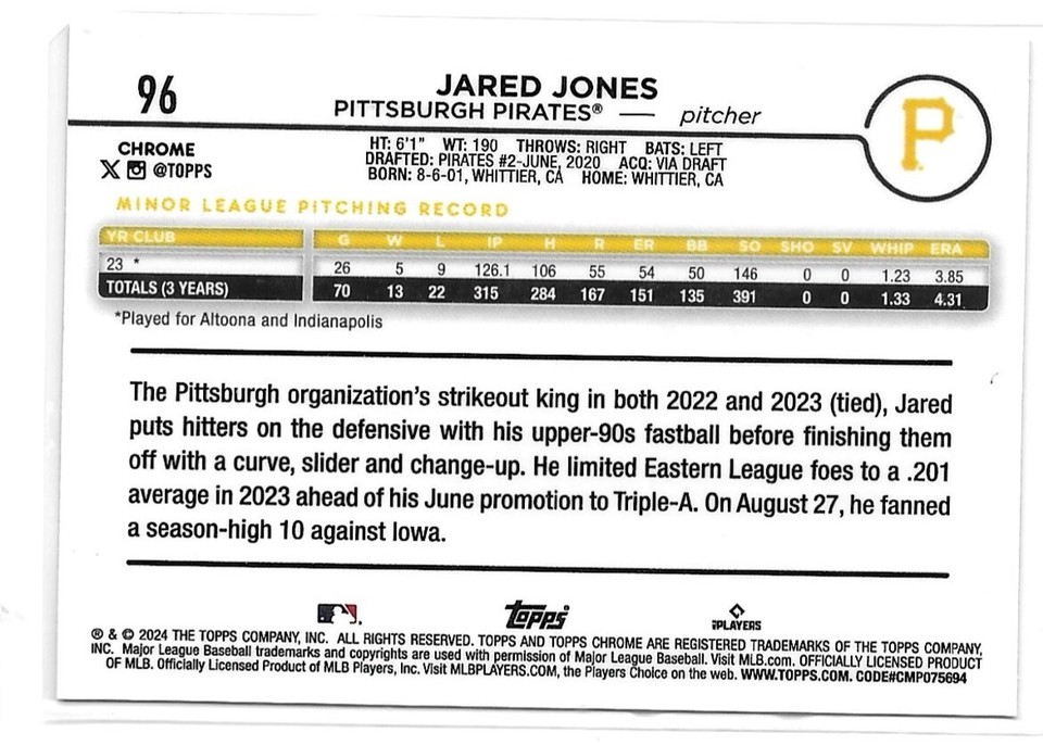 2024 Topps Chrome JARED JONES NEGATIVE REFRACTOR ROOKIE SP Pittsburg ...