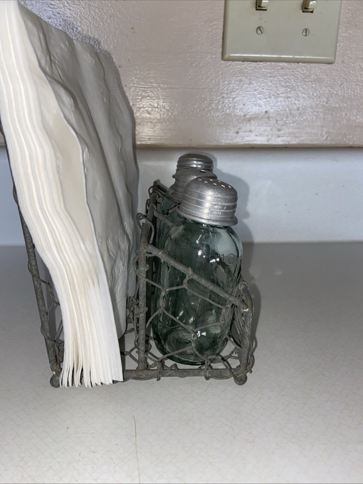Country Chicken Wire Salt Pepper Shaker and Napkin Caddy Holder Rustic ...