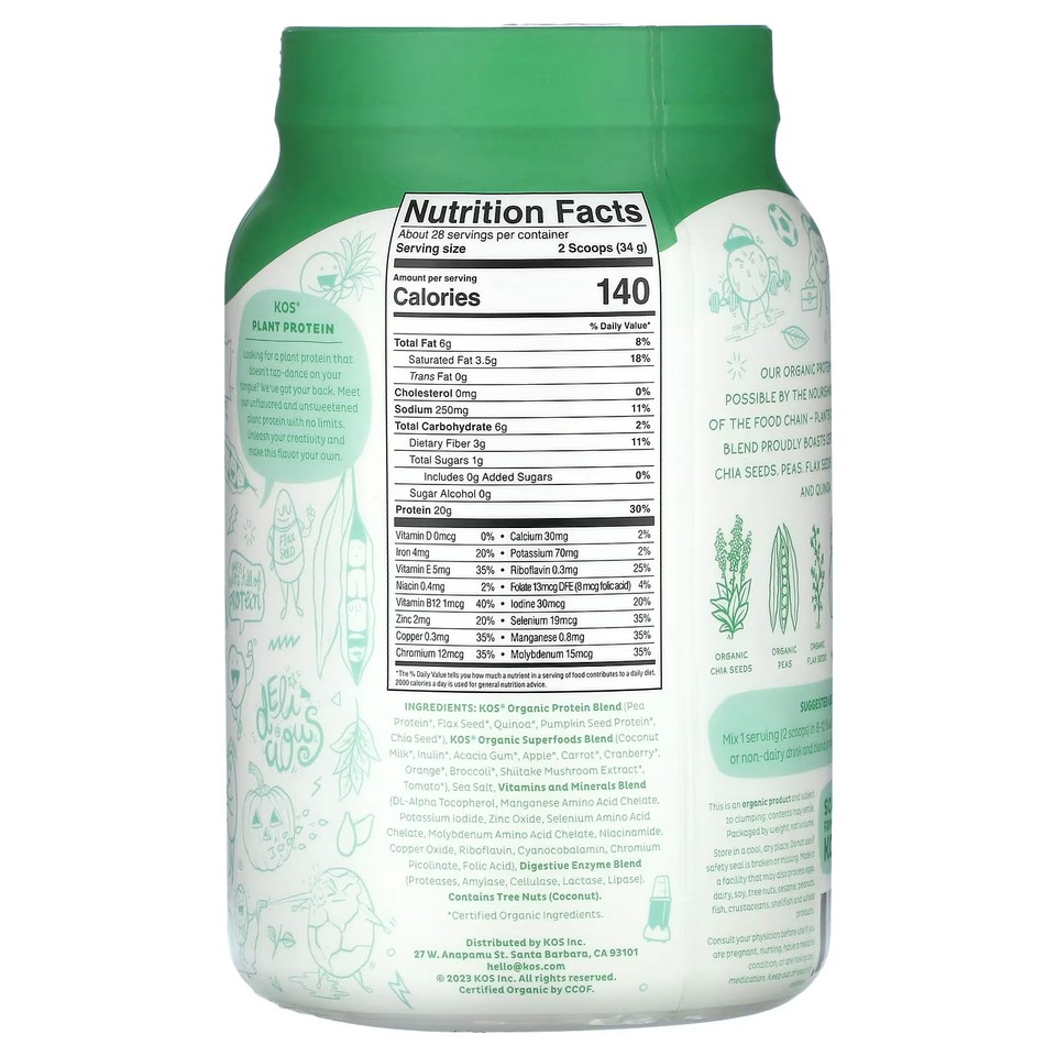 2 X KOS, Organic Superfood Plant Protein Powder, Unflavored ...