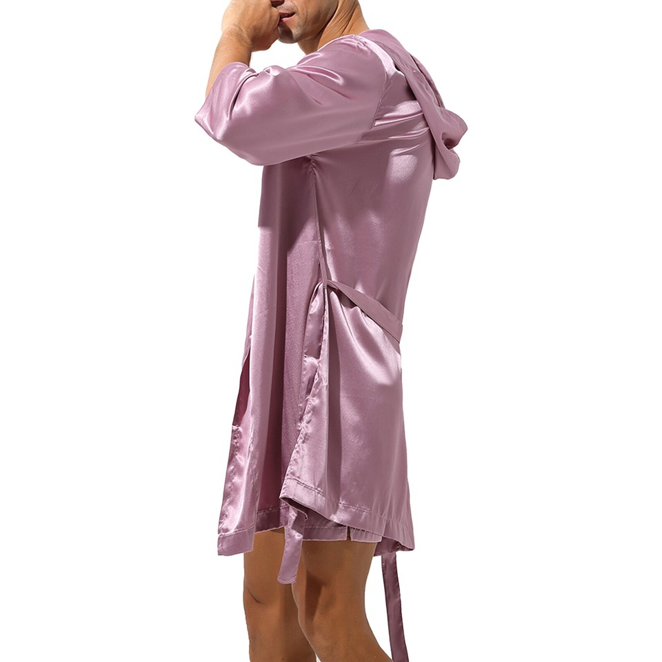 Men Satin Kimono Robes Classic Silky Bathrobe Open Front Hooded Robes ...