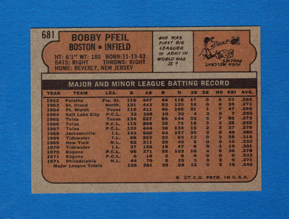 1972 TOPPS #681 BOBBY PFEIL BOSTON RED SOX HIGH NUMBER CARD -- NR MINT ...