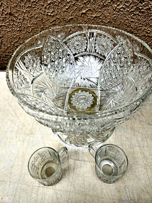 VINTAGE AMERICAN BRILLIANT CUT GLASS PUNCH BOWL WITH 10 CUPS | eBay