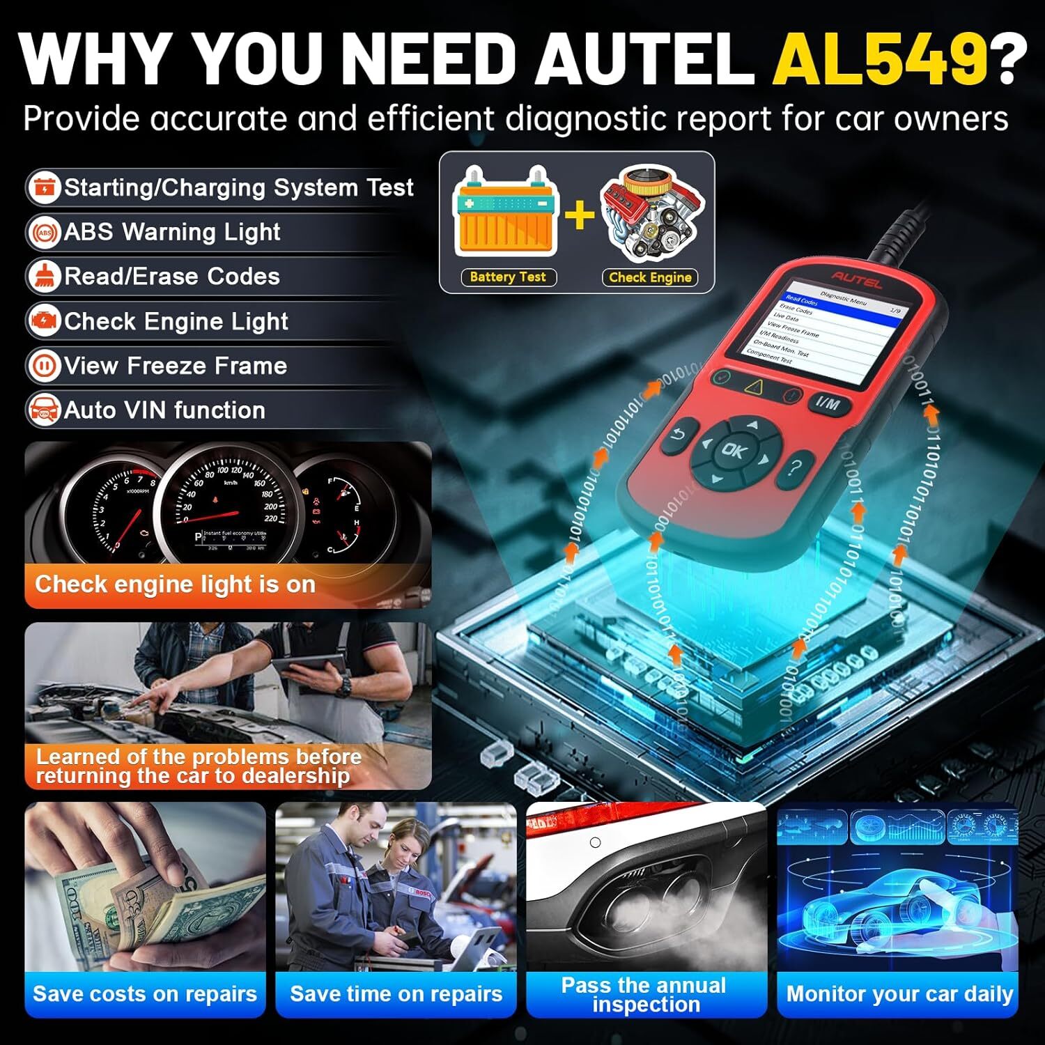 Genuine Autel AL549 OBD II Scanner Code Reader BATTERY TESTER Upgraded ...