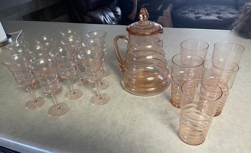 Vintage Pink Depression Glass Rings Pitcher w/Lid & 5 Rib’d Glasses,11 ...