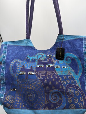 (取寄) キャット スクープ トート バッグ Laurel Burch Cat Scoop Tote Bag  Indigo Laurel Burch Indigo Cat Scoop Tote Canvas Bag Blue Gold Boho Large