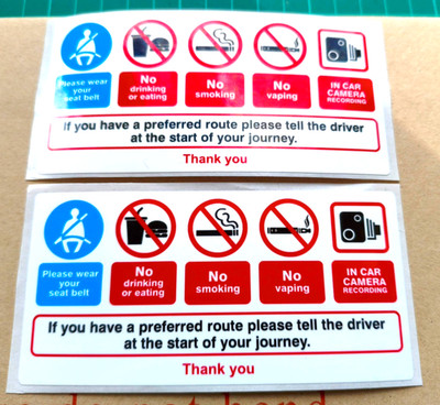 Taxi Warning Stickers x 2 CCTV No Smoking Vaping Eating Seatbelt Route ...