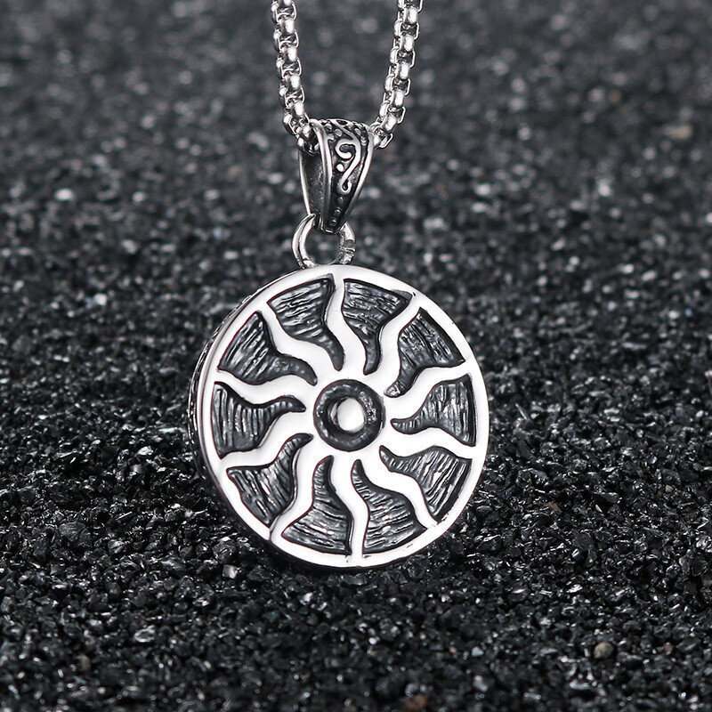 Mens Stainless Steel Fashion Fire Sun Solar Pendant Necklace Black ...