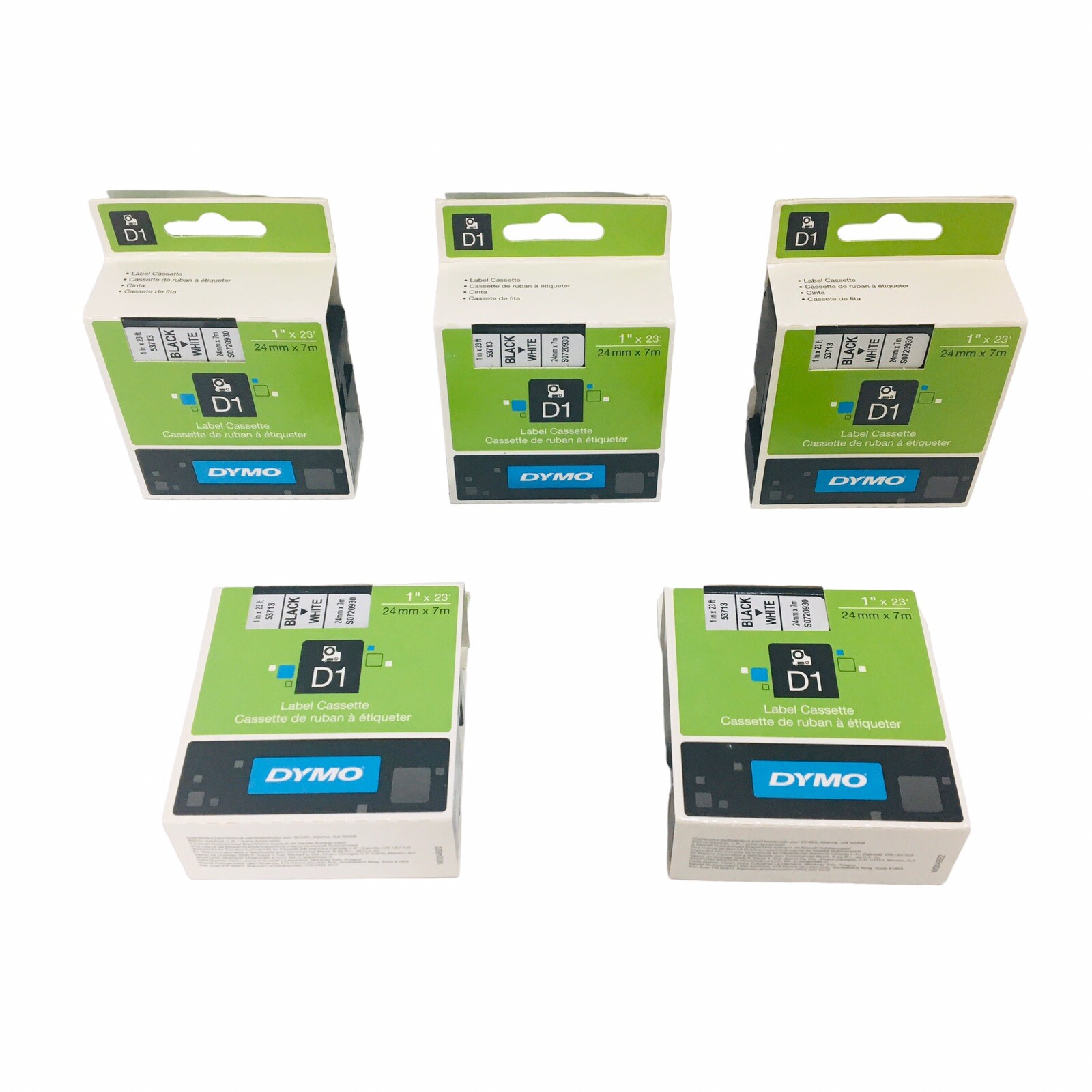 5 PACK DYMO D1 LABEL CASSETTE TAPE BLACK PRINT WHITE 1" X 23' 53713 NEW ...