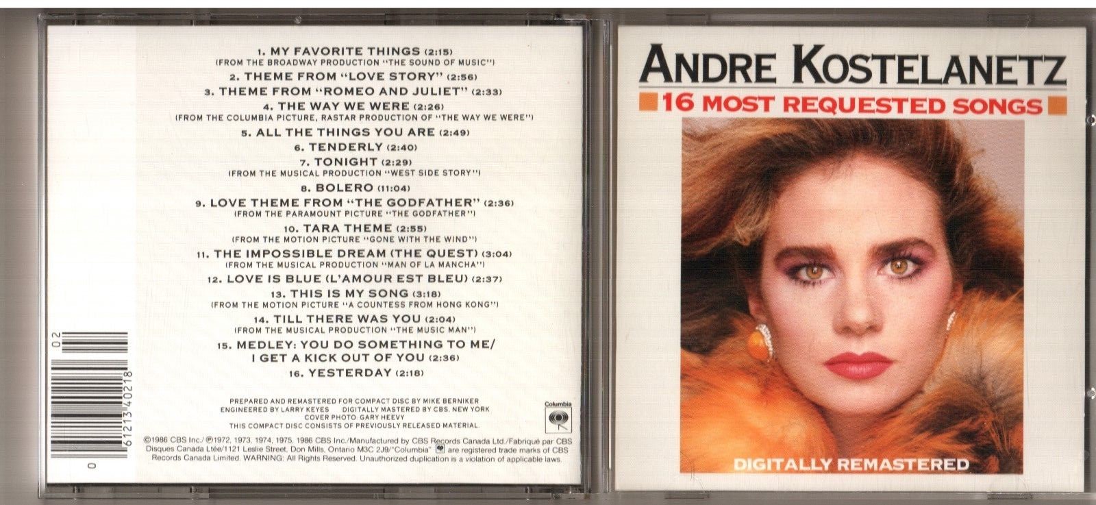 Andre Kostelanetz 16 Most Requested Songs Columbia DADC CD DIDP70100 ...