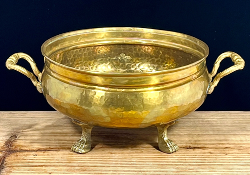 Vtg Hammered Solid Brass Polished Round Planter Container Handles ...