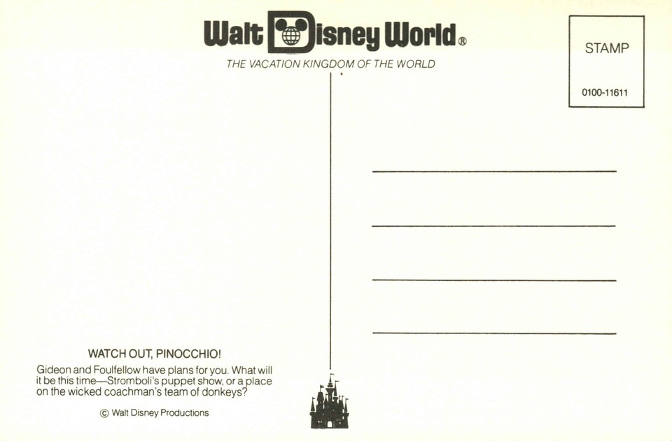 Postcard Disney Pinocchio Gideon And Foulfellow Magic Kingdom Walt ...