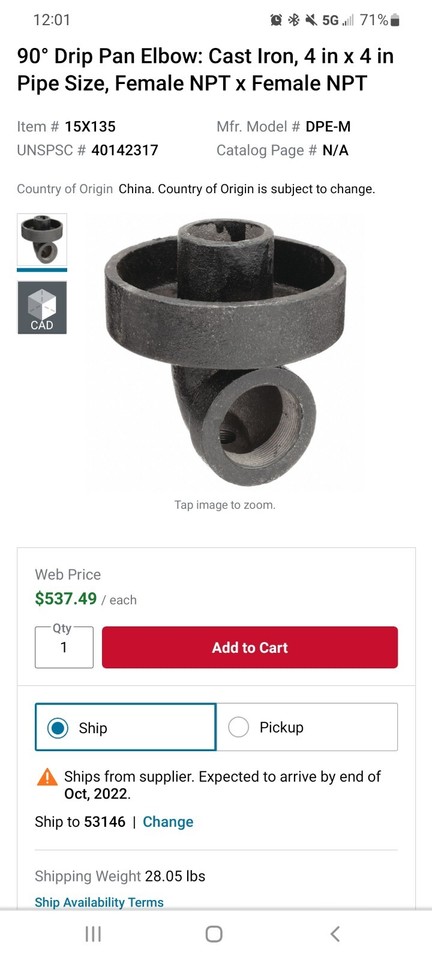 90° Drip Pan Elbow: Cast Iron, 4 in x 4 in Pipe Size, Female NPT x ...