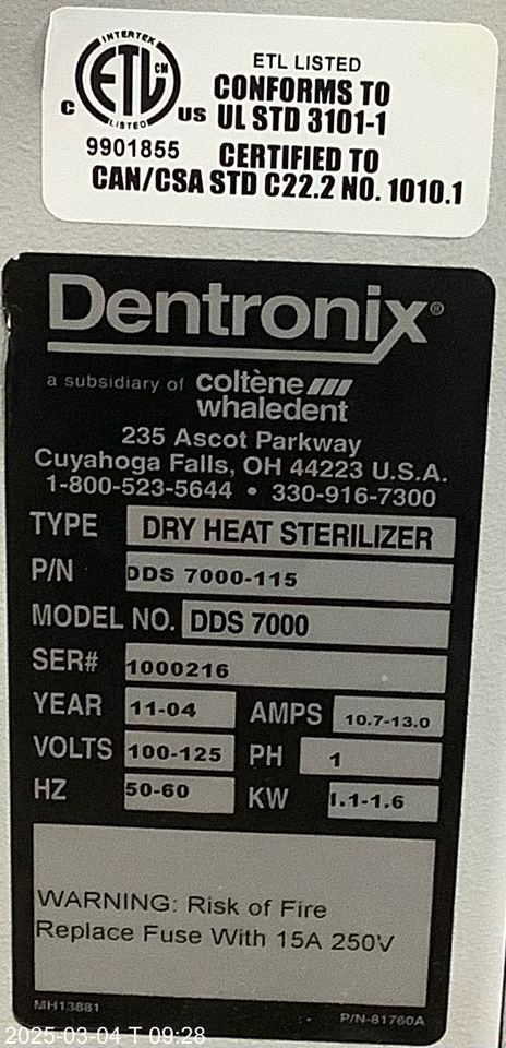 Dentronix DDS 7000 Dental Medical Sterilizer Instrument Sterilizing ...