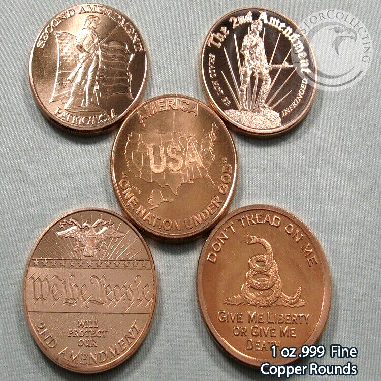 "Patriotic Set" 1 oz .999 Copper Rounds 5 Beautiful Designs READ Below ...