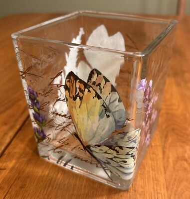 Teleflora Butterflies and Purple Flowers Square Glass Vase Planter ...