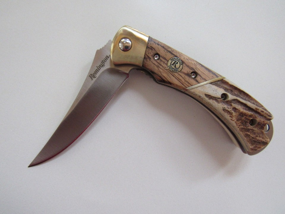 Remington Guide Series Knife Trailing Point Stag Zebra Wood Linerlock ...