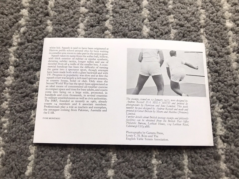 1977 RACKET SPORTS STAMPS PRESENTATION PACK No.89 MINT STAMP SET ...