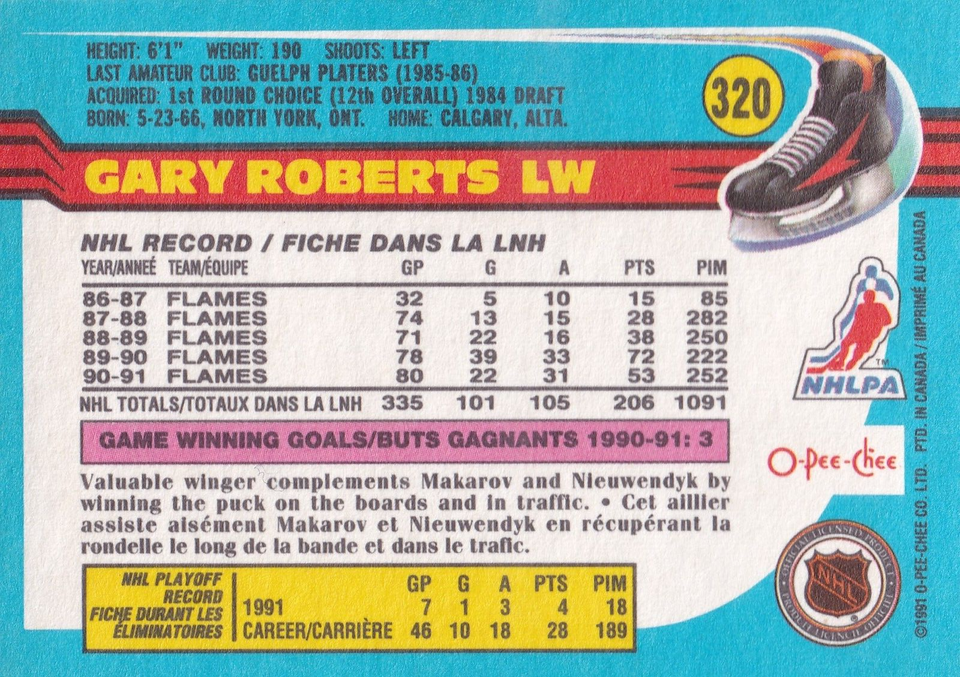 1991-92 O-Pee-Chee #320 Gary Roberts NHL- Calgary + (Yes 4 Free Mystery ...