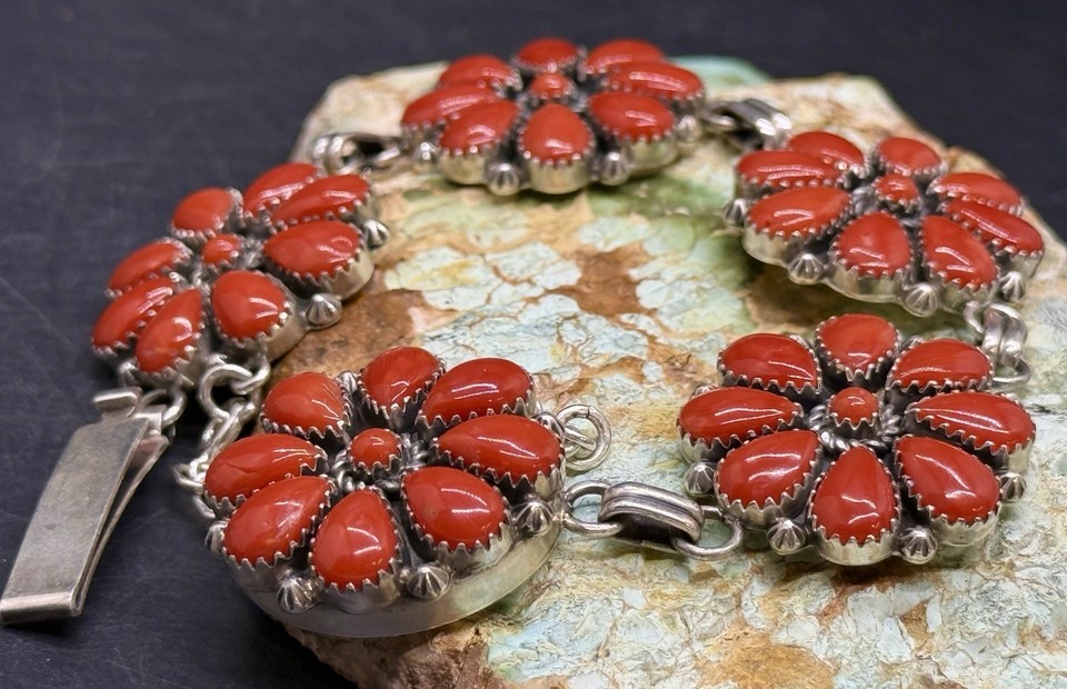 AMAZING Navajo Mary Marie Lincoln Sterling & Oxblood Red Coral Cluster ...