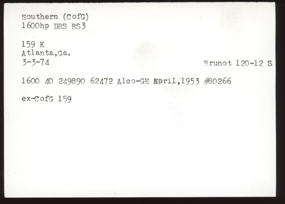 Southern (CofG) DRS RS3 Roster Number 159 K Diesel Locomotive Railroad ...