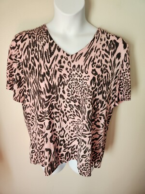 Susan Graver Style Pink Leopard Print Sequin Short Sleeve Dressy Top 1X ...