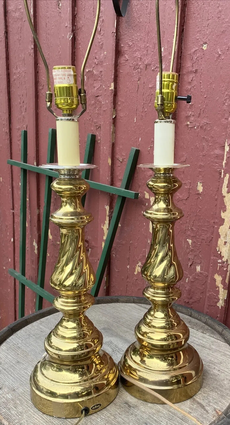 PAIR Vintage Alsy Table LampS Mid Century Brass CANDLESTICK TWIST 27 ...