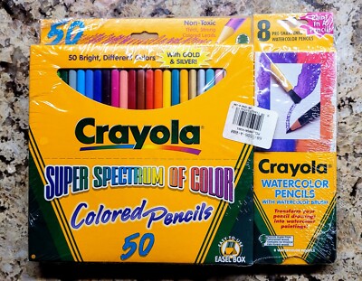50 Crayola Super Spectrum Color Pencils & 8 Watercolor Pencils W/Brush ...