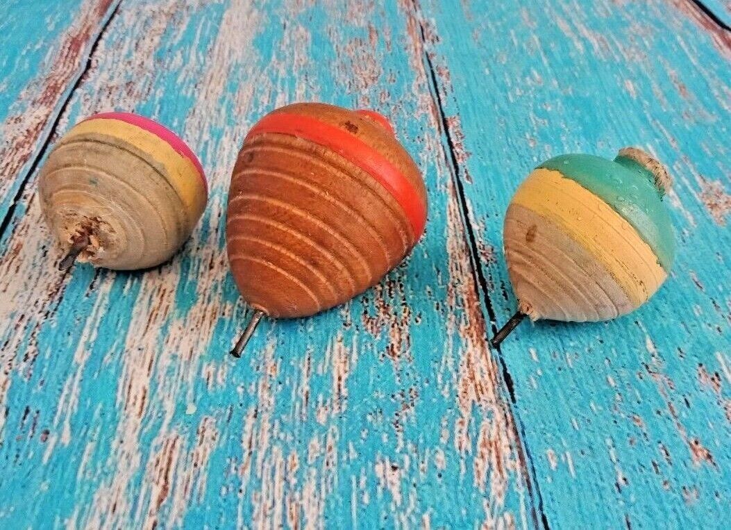 3 Pcs Set Vintage Desi Toy Lattu Game Painted Wooden Round Spinning Top ...