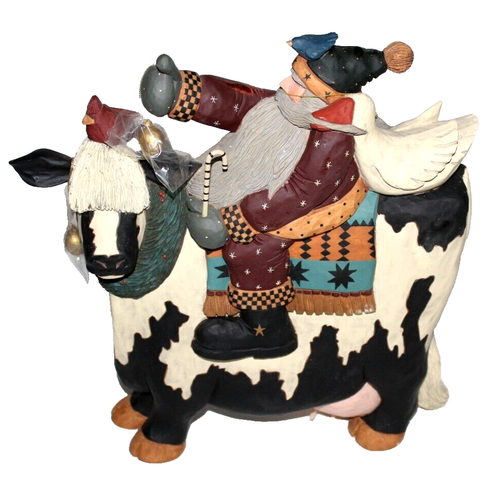 1998 Williraye Santa & Goose Riding Cow W/ Blue Bird & Red Cardinal ...
