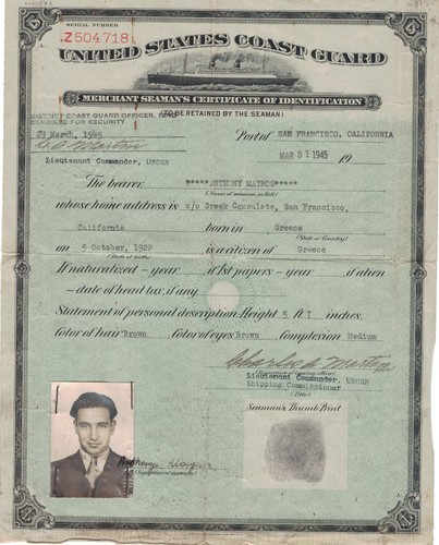 Merchant Seaman's Certificate of Identification, of service -US Coast ...