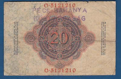 German banknotes, Zwanzig mark 20 Mark 1914. stamp PECS BARANYA ...