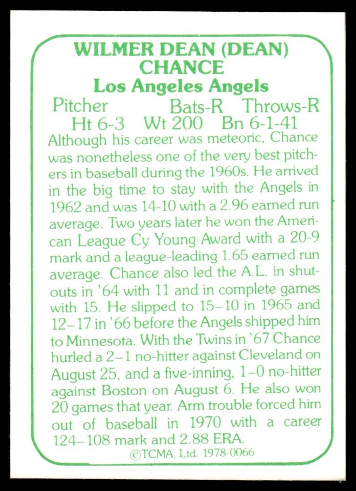 1978 TCMA The 1960's I Dean Chance Los Angeles Angels #66 | eBay