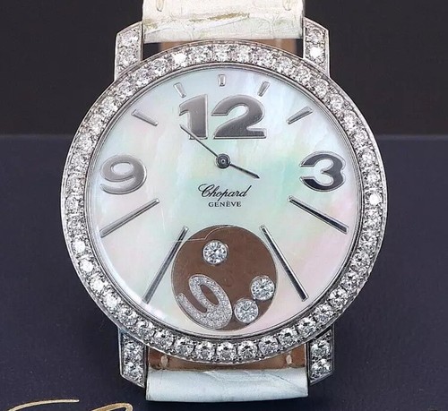 $55,000 Chopard 40mm Happy Diamonds Mother of Pearl 18K White Gold ...