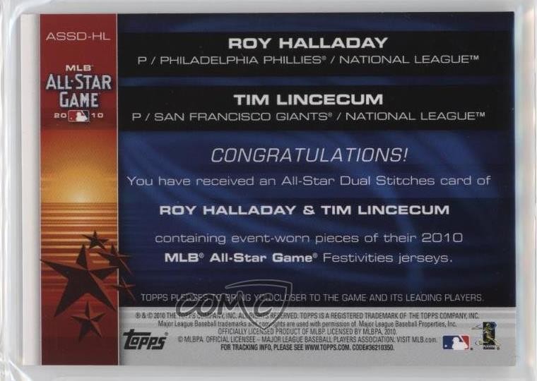 2010 Update All-Star Stitches Dual Relics 13/25 Roy Halladay Tim ...