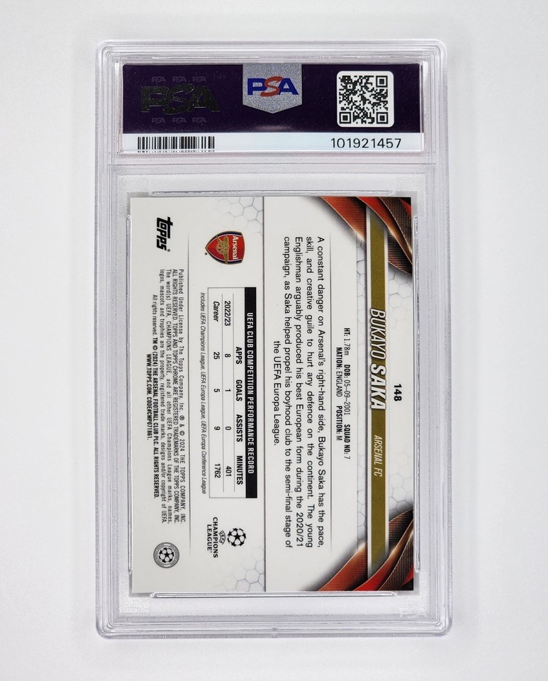 2023-2024 Topps Chrome UCC Color Match Bukayo Saka 07/99 PSA 10 Jersey ...