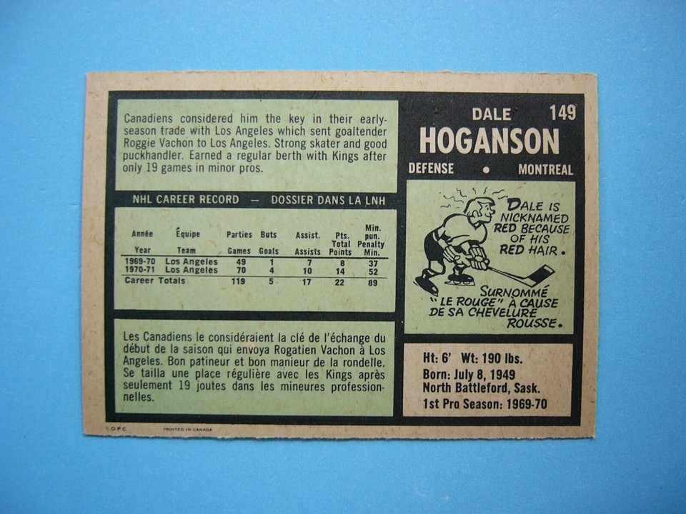 1971/72 O-PEE-CHEE NHL HOCKEY CARD #149 DALE HOGANSON ROOKIE EX/NM ...