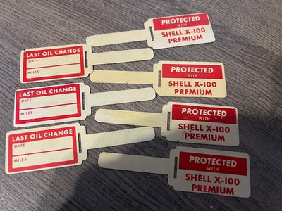 (7) VINTAGE NOS SHELL X-100 Premium OIL CHANGE reminder metal tag lot ...