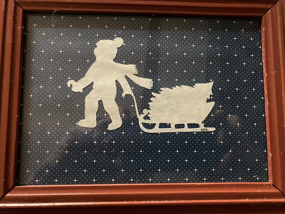 VIntage Framed Scherenschnitte Paper Cutting Winter Child Pulling Sled ...