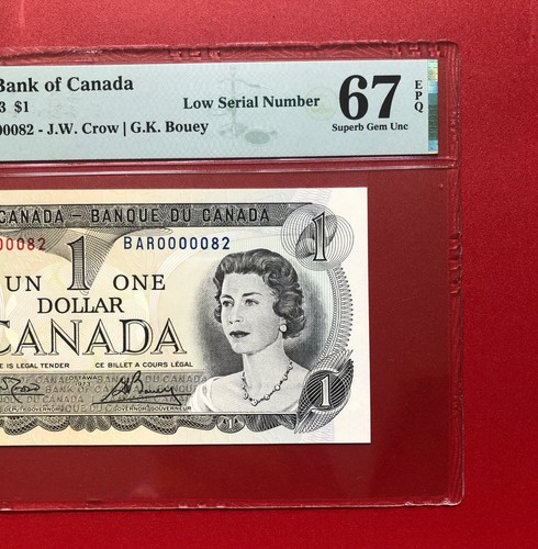 1973 Canada🇨🇦$1 "LOW SERIAL NUMBERED" Note PMG graded GEM UNC-67 ...