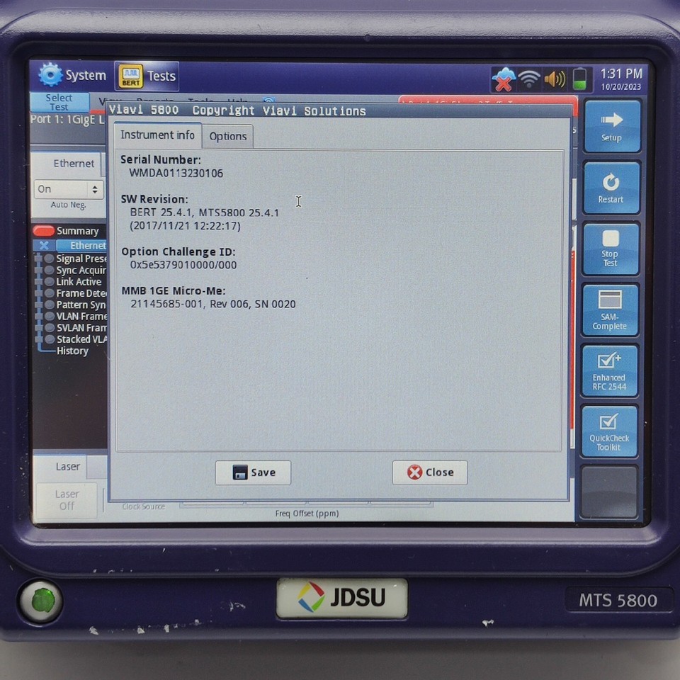 Viavi JDSU TB/MTS-5800 wi/ 5801 10/100/1000M Electrical & 1GigE Optical ...