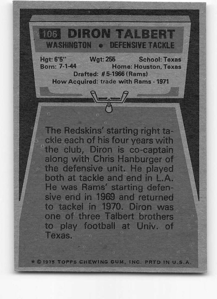 1975 Topps #106 Diron Talbert EX Excellent Redskins ID: 112959 | eBay