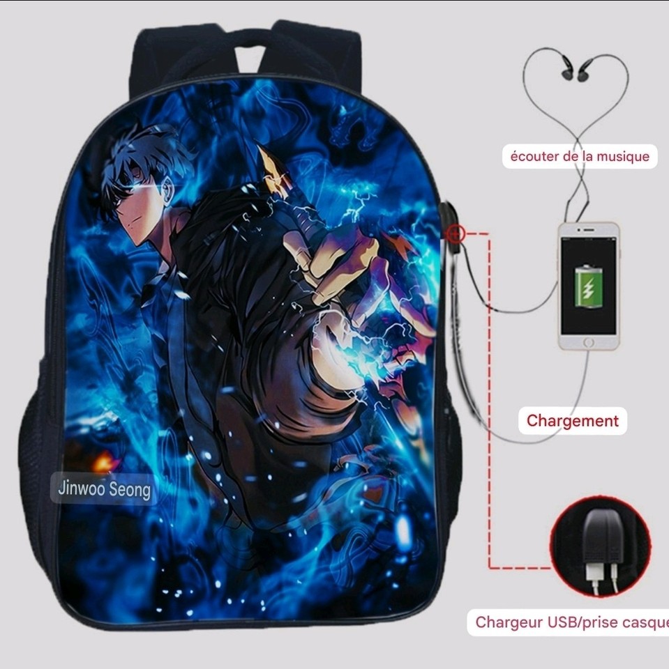 Sung Jin Woo Backpack School Supplies Solo Leveling USB Phone ...